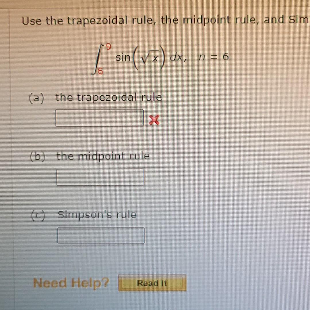 Solved Use the trapezoidal rule, the midpoint rule, and Sim | Chegg.com