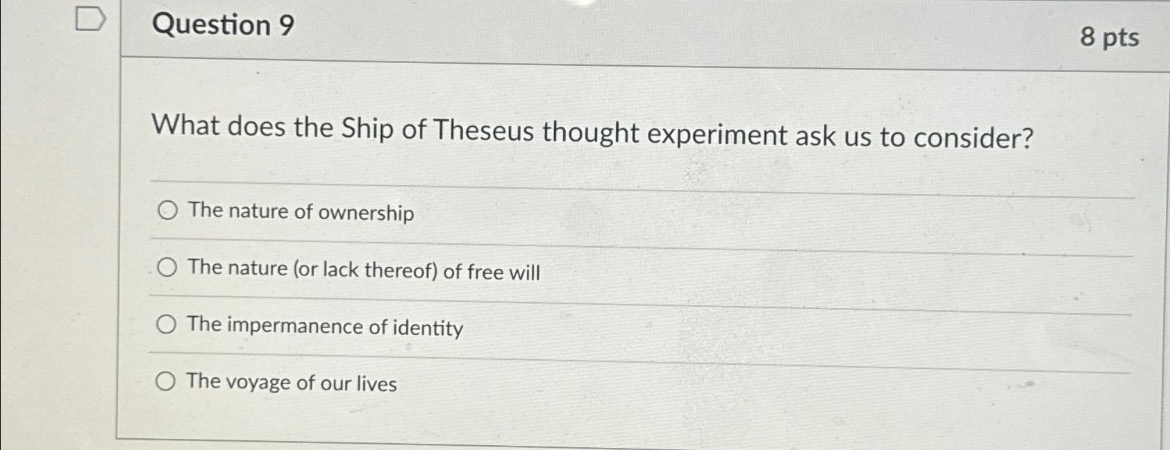 Solved Question 98 ﻿ptsWhat does the Ship of Theseus thought | Chegg.com