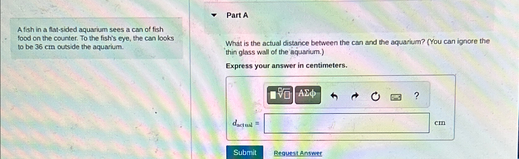 Solved Part AA fish in a flat-sided aquarium sees a can of | Chegg.com