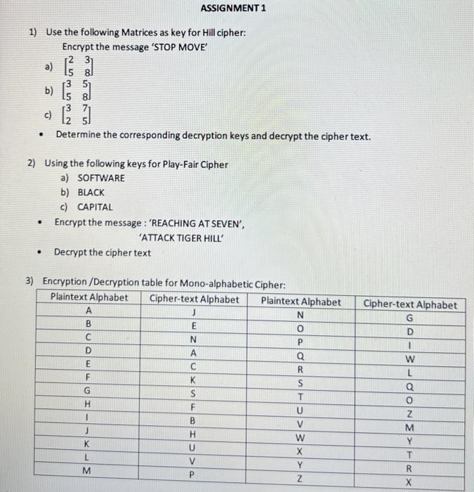 Solved 1) Use the following Matrices as key for Hill cipher: | Chegg.com