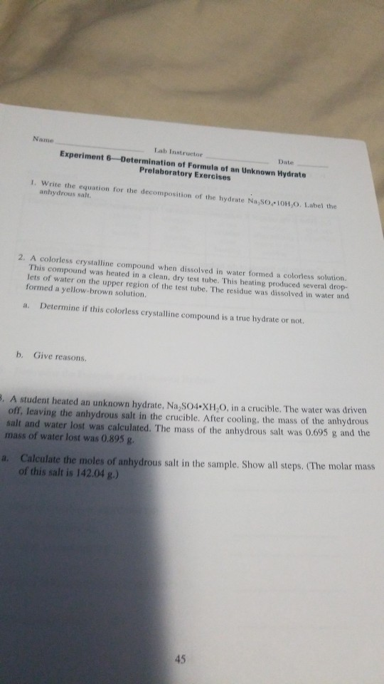 Solved Name Lab Instructor Experiment 6-Determination of | Chegg.com
