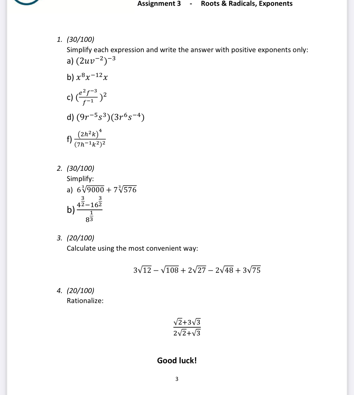 Solved Assignment 3 - ﻿Roots & Radicals, | Chegg.com
