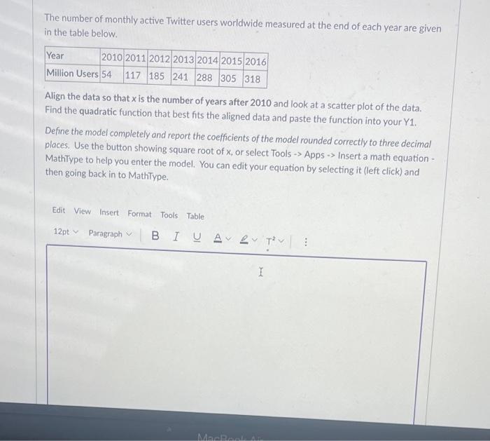 Solved The number of monthly active Twitter users worldwide | Chegg.com