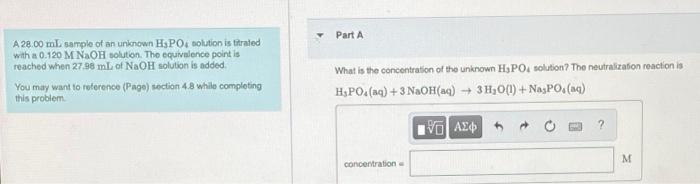 Solved Part A A 28.00 mL sample of an unknown H3PO4 solution | Chegg.com