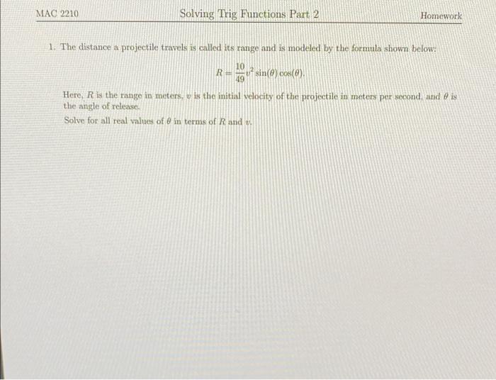 Solved MAC 2210 Solving Trig Functions Part 2 Homework 1. | Chegg.com
