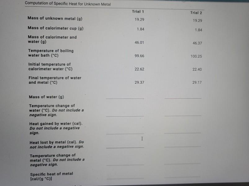 Solved Computation of Specific Heat for Unknown Metal Trial | Chegg.com