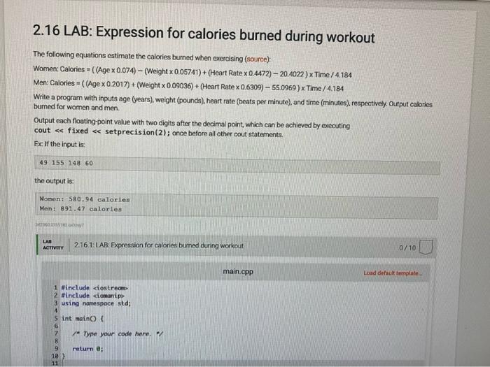 Solved 2.16 LAB: Expression for calories burned during | Chegg.com