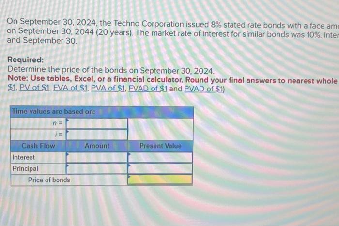 Solved On September 30,2024 , the Techno Corporation issued | Chegg.com
