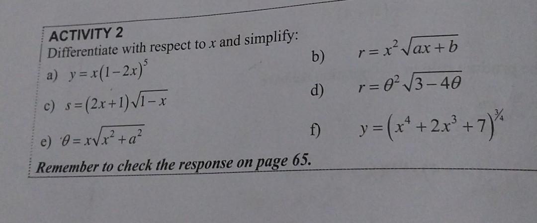 Solved ACTIVITY 2 Differentiate with respect to x and | Chegg.com