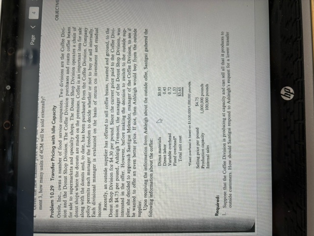 Problem 10.29 ﻿Transfer Pricing with Idle | Chegg.com