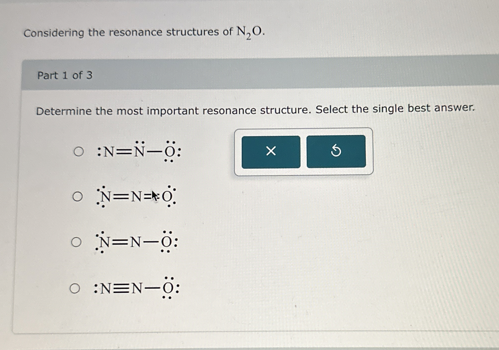 Solved Considering the resonance structures of N2O.Part 1 | Chegg.com
