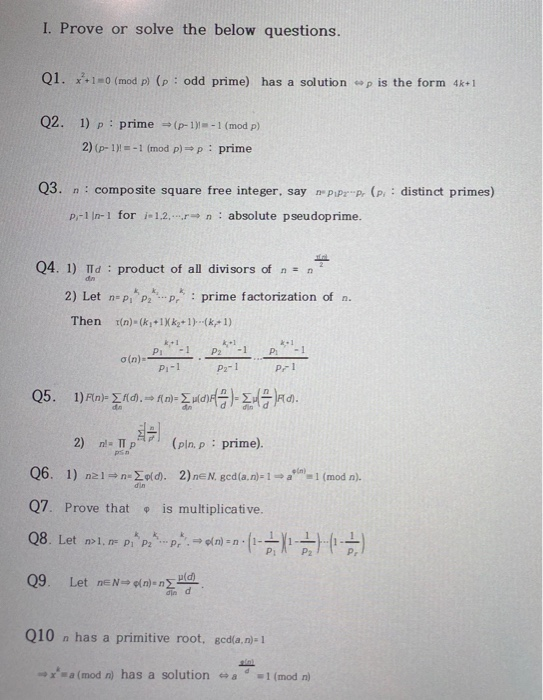 Solved I. Prove or solve the below questions. Q1. x+1=0 (mod | Chegg.com