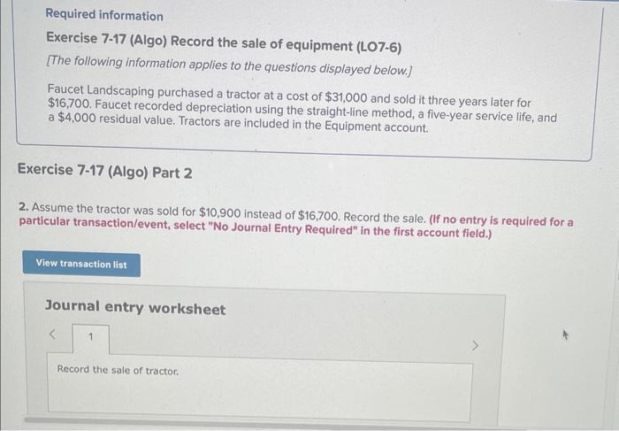 Solved Required information Exercise 7-17 (Algo) Record the | Chegg.com