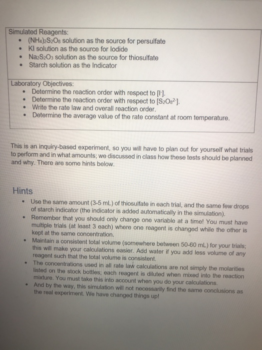 Chemical Kinetics Simulation Overview The iodine | Chegg.com
