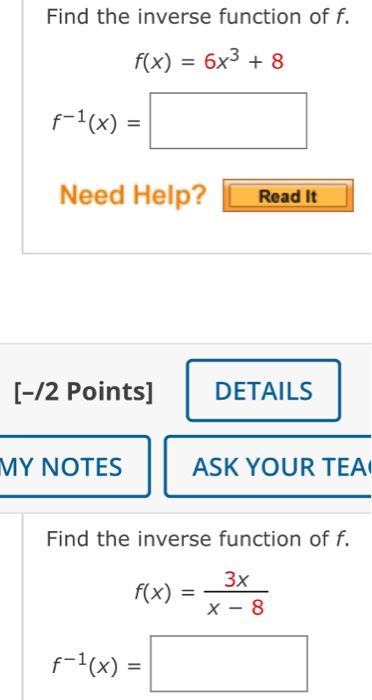 Solved Find the inverse function of f. f(x)=6x3+8 f−1(x)= | Chegg.com