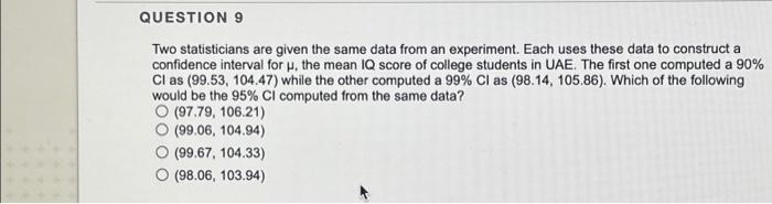 QUESTION 9 Two statisticians are given the same data | Chegg.com
