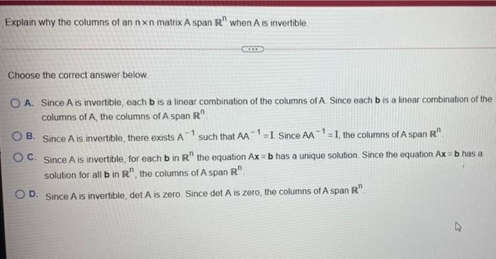 Solved Explain why the columns of an nxn matrix A span R" | Chegg.com