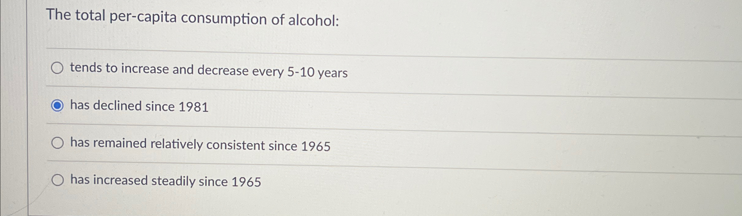 Solved The total per-capita consumption of alcohol:tends to | Chegg.com
