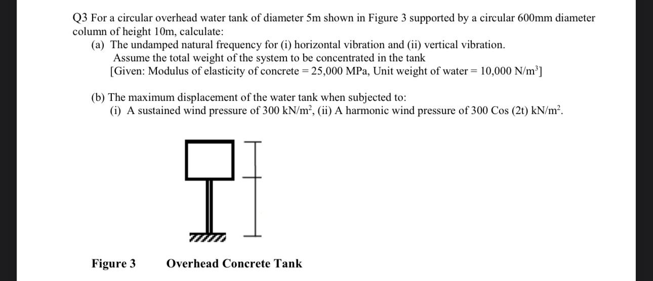 Solved Q3 ﻿For a circular overhead water tank of diameter 5m | Chegg.com