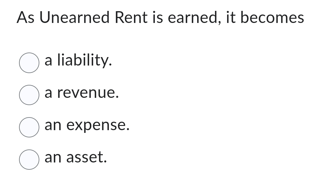 Solved As Unearned Rent is earned, it becomesa liability.a | Chegg.com
