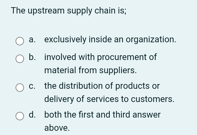 Solved The upstream supply chain is;a. ﻿exclusively inside | Chegg.com