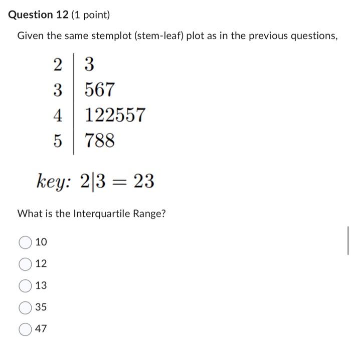 Solved Given the same stemplot (stem-leaf) plot as in the | Chegg.com