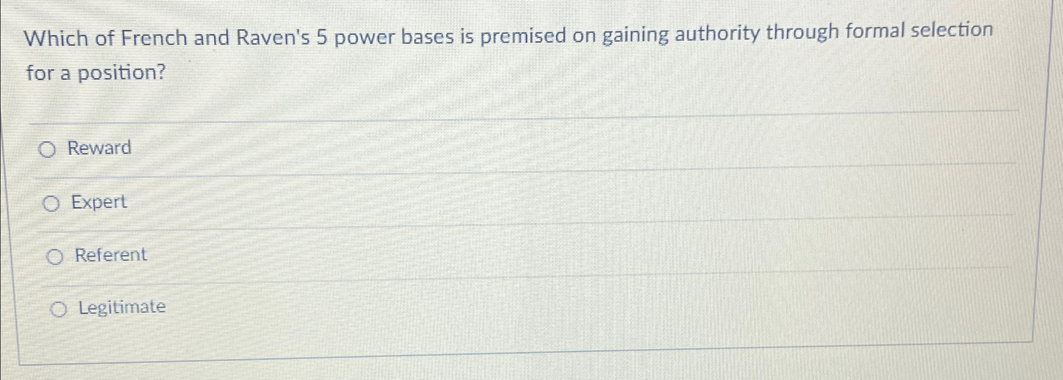 Solved Which of French and Raven's 5 ﻿power bases is | Chegg.com