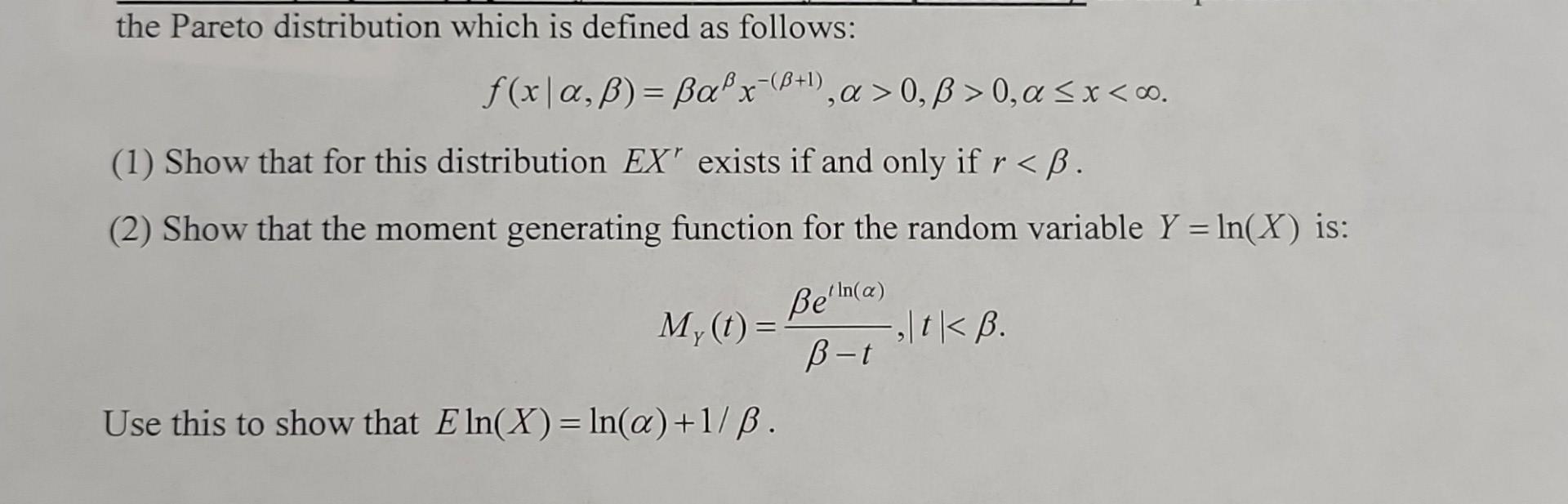 Solved the Pareto distribution which is defined as follows: | Chegg.com