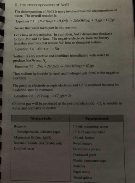 Solved 7. DECOMPOSITION Not included in the kit: NaCl (table | Chegg.com