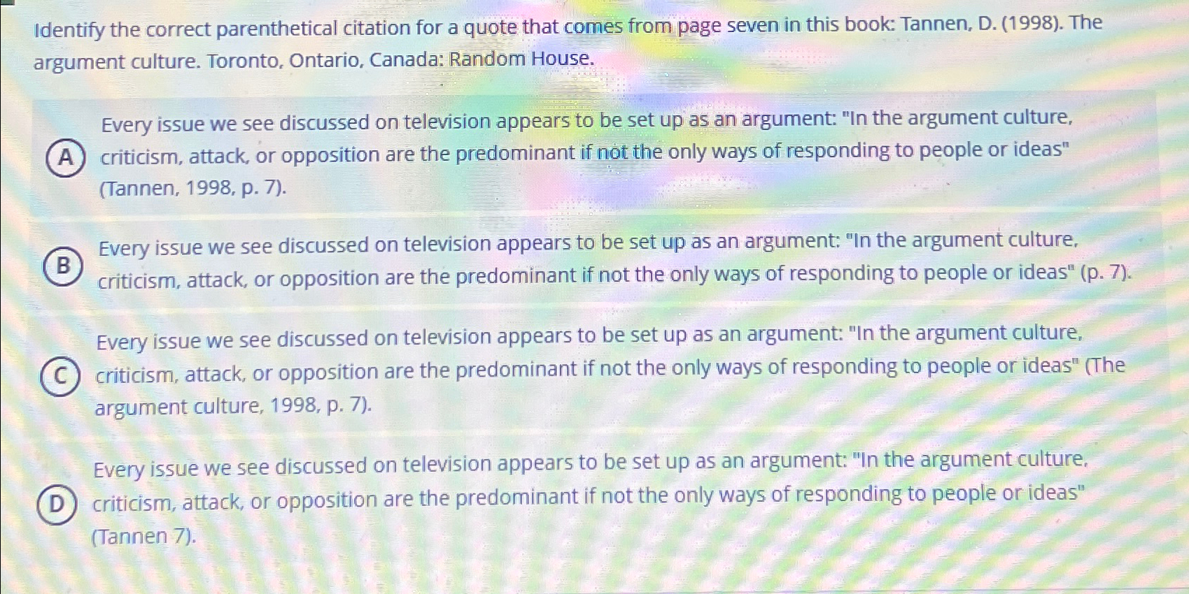 Solved Identify the correct parenthetical citation for a | Chegg.com