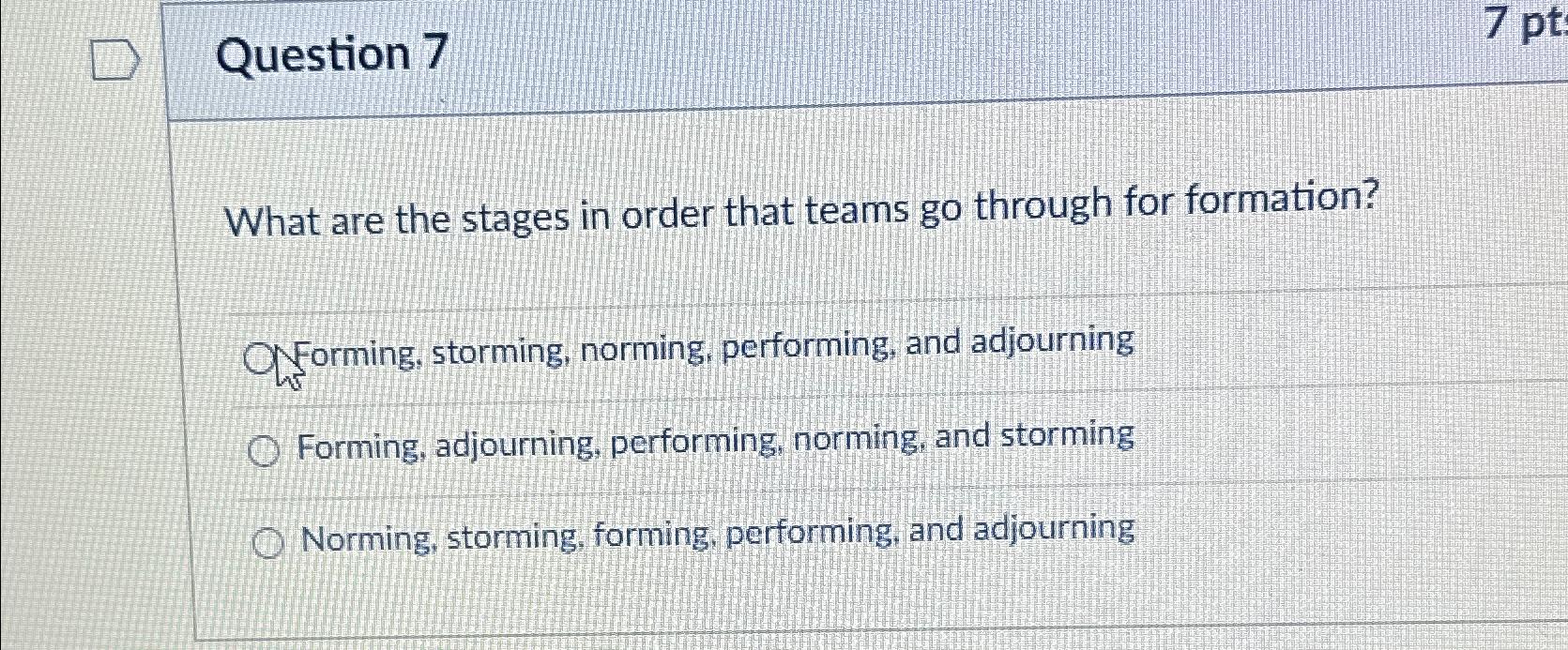 Solved Question 7What are the stages in order that teams go | Chegg.com