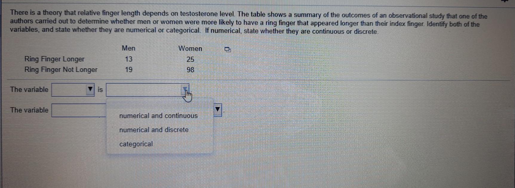 Solved There is a theory that relative finger length depends | Chegg.com
