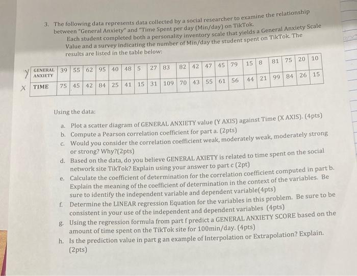 Solved 3. The following data represents data collected by a | Chegg.com