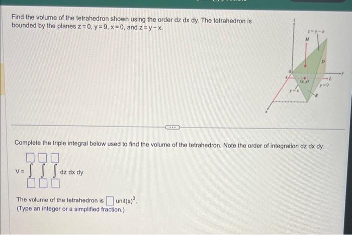 Solved Find the volume of the tetrahedron shown using the | Chegg.com