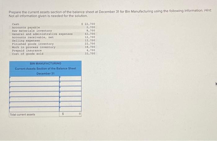 Solved Prepare the current assets section of the balance | Chegg.com