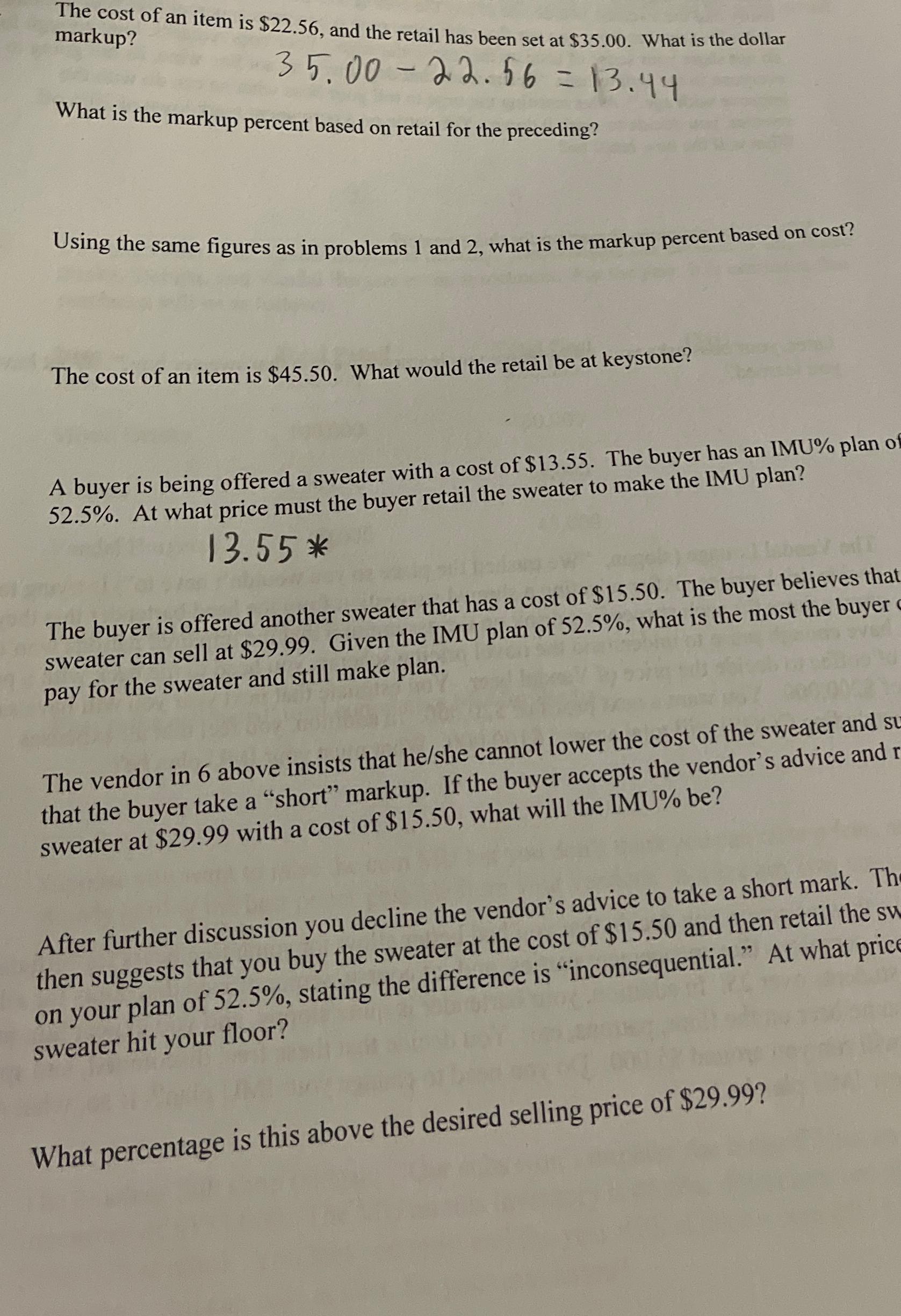 Solved The cost of an item is $22.56, ﻿and the retail has | Chegg.com