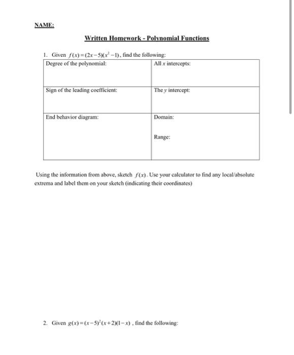 Solved Written Homework - Polvnomial Functions 1) Civen | Chegg.com