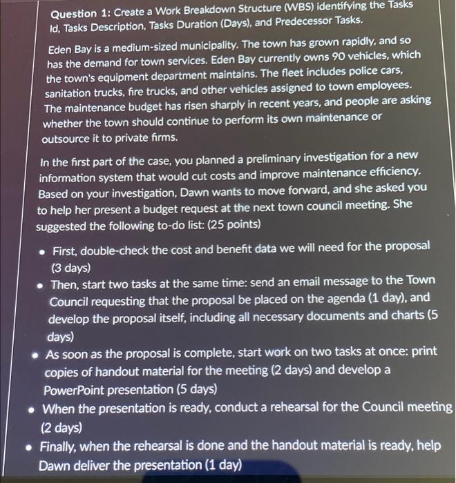 Solved Question 1: Create a Work Breakdown Structure (WBS) | Chegg.com