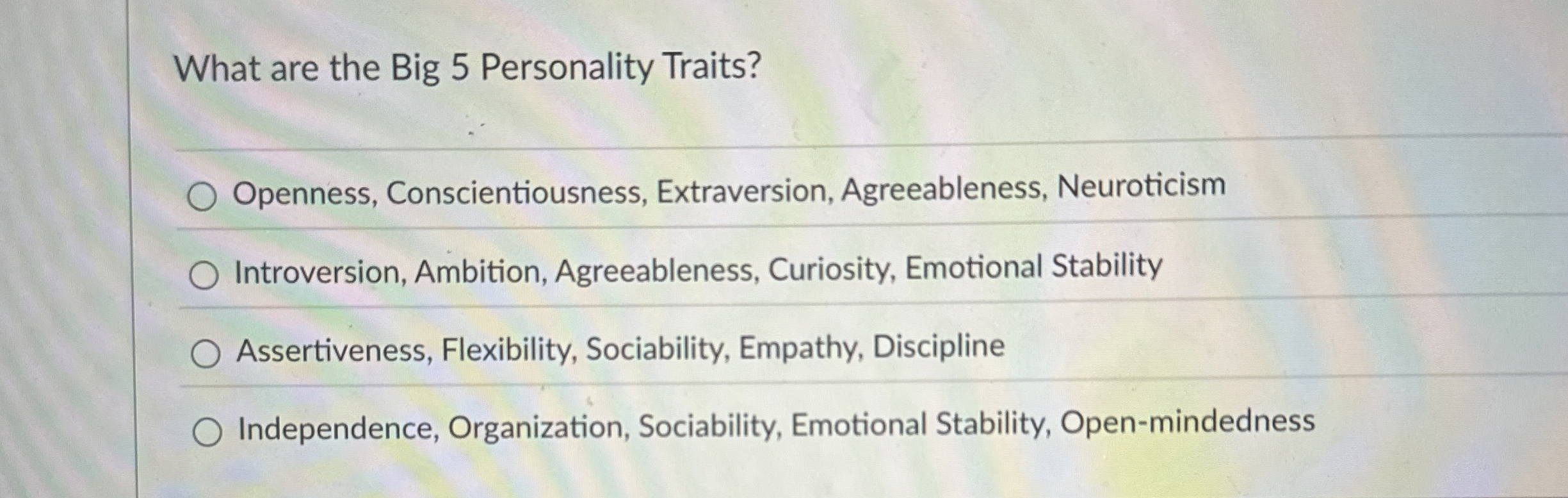Solved What are the Big 5 ﻿Personality Traits?Openness, | Chegg.com