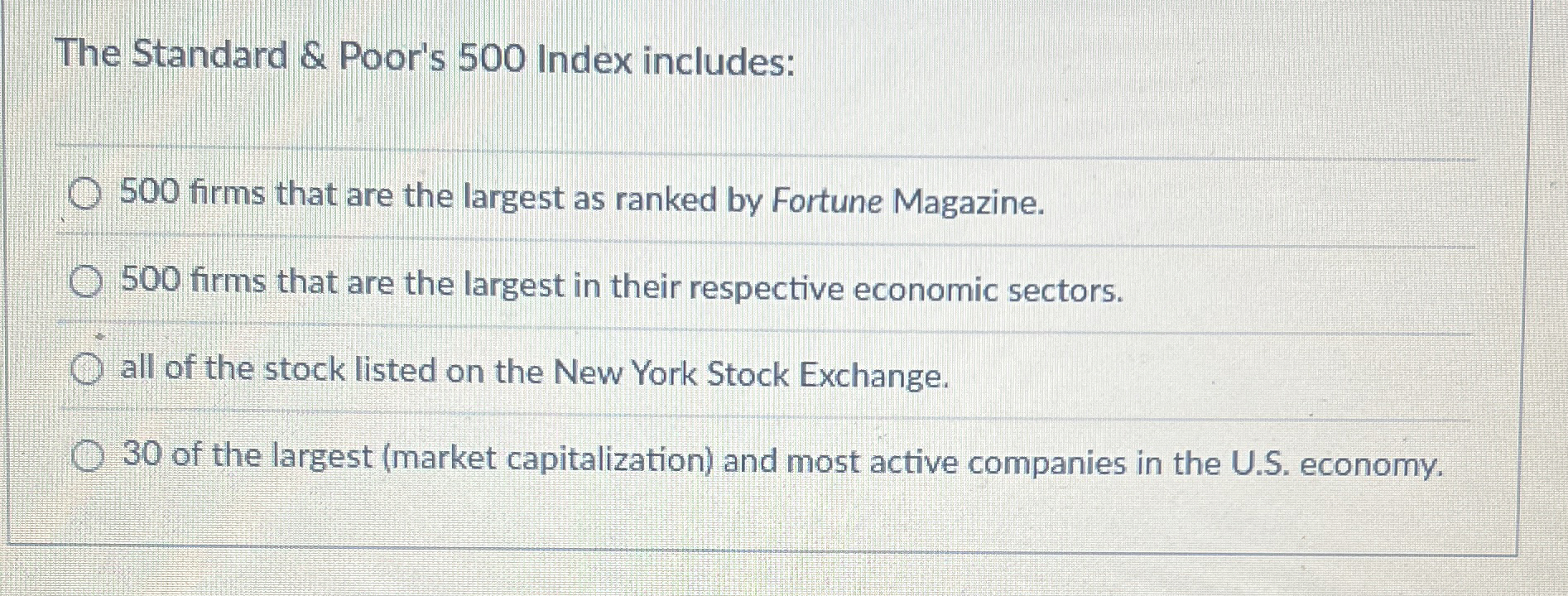 Solved The Standard & Poor's 500 ﻿Index includes:500 ﻿firms | Chegg.com