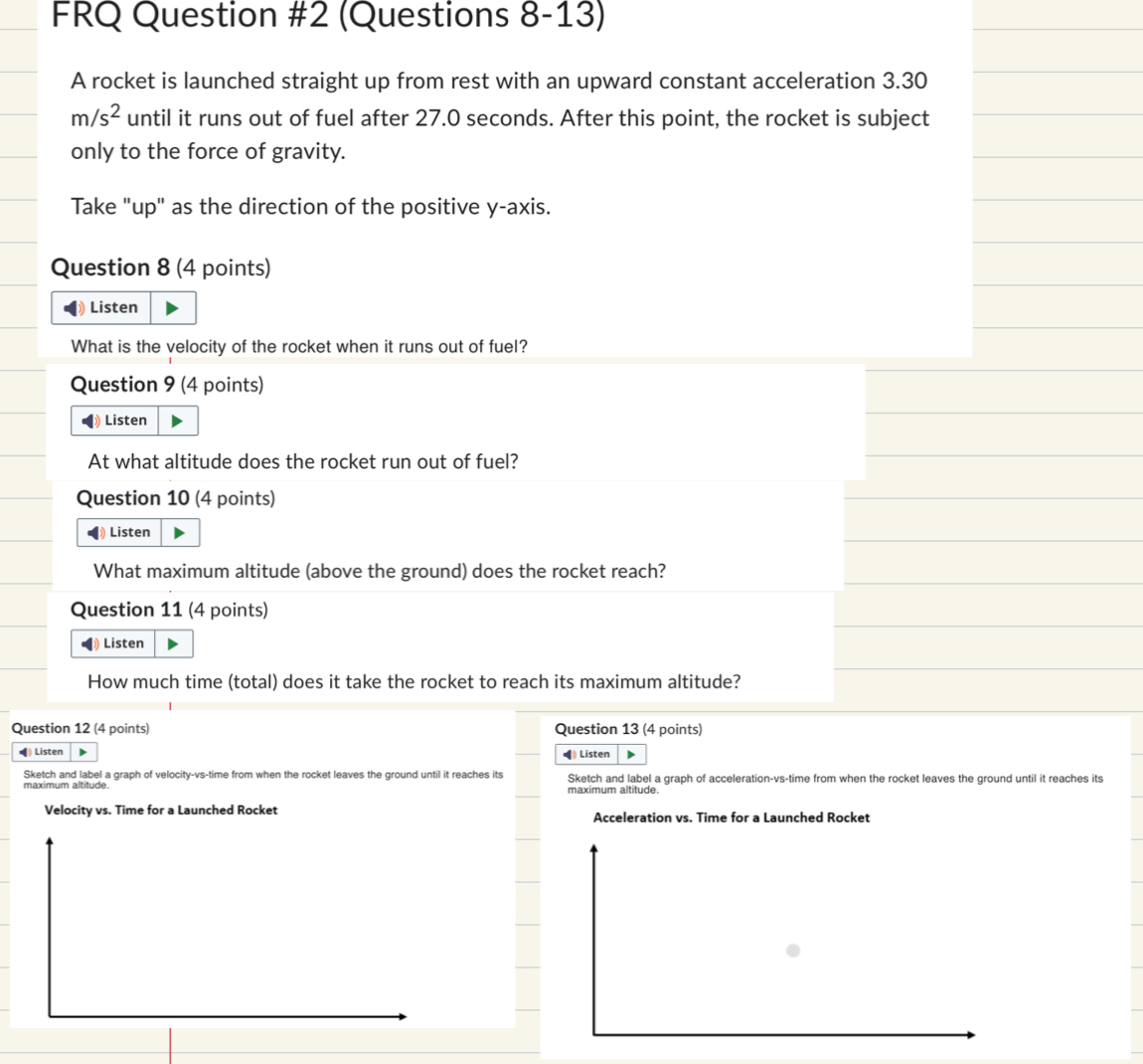 Solved FRQ Question #2 (Questions 8-13)A rocket is launched | Chegg.com