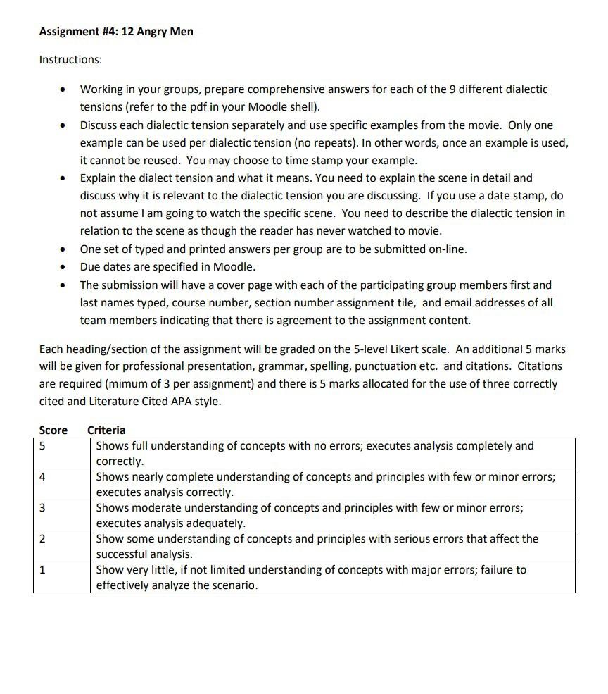 Assignment #4: 12 Angry Men Instructions: . . Working | Chegg.com