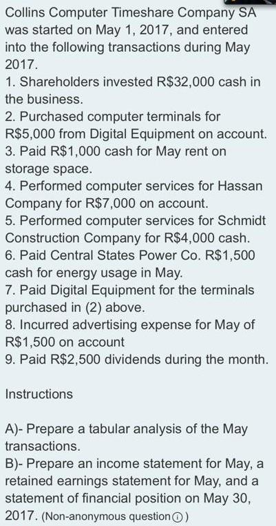 Solved Collins Computer Timeshare Company SA was started on | Chegg.com