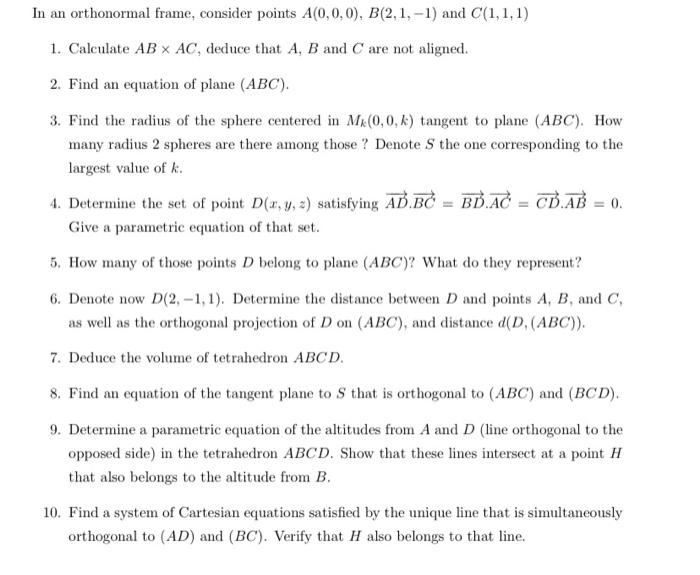 Solved In an orthonormal frame, consider points | Chegg.com