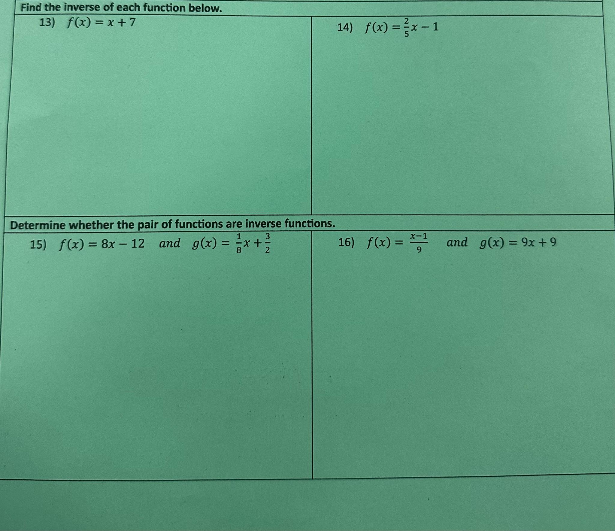 Solved Find the inverse of each function | Chegg.com