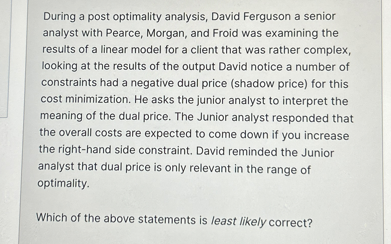 Solved During a post optimality analysis, David Ferguson a | Chegg.com