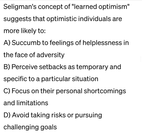 Solved Seligman's concept of "learned optimism" suggests | Chegg.com