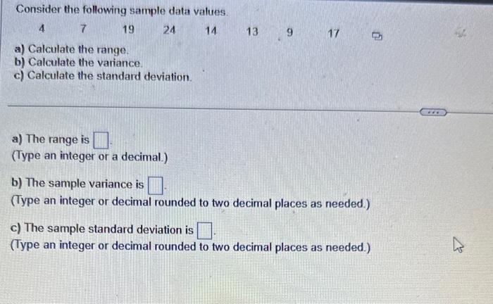 Solved Consider the following sample data values. | Chegg.com