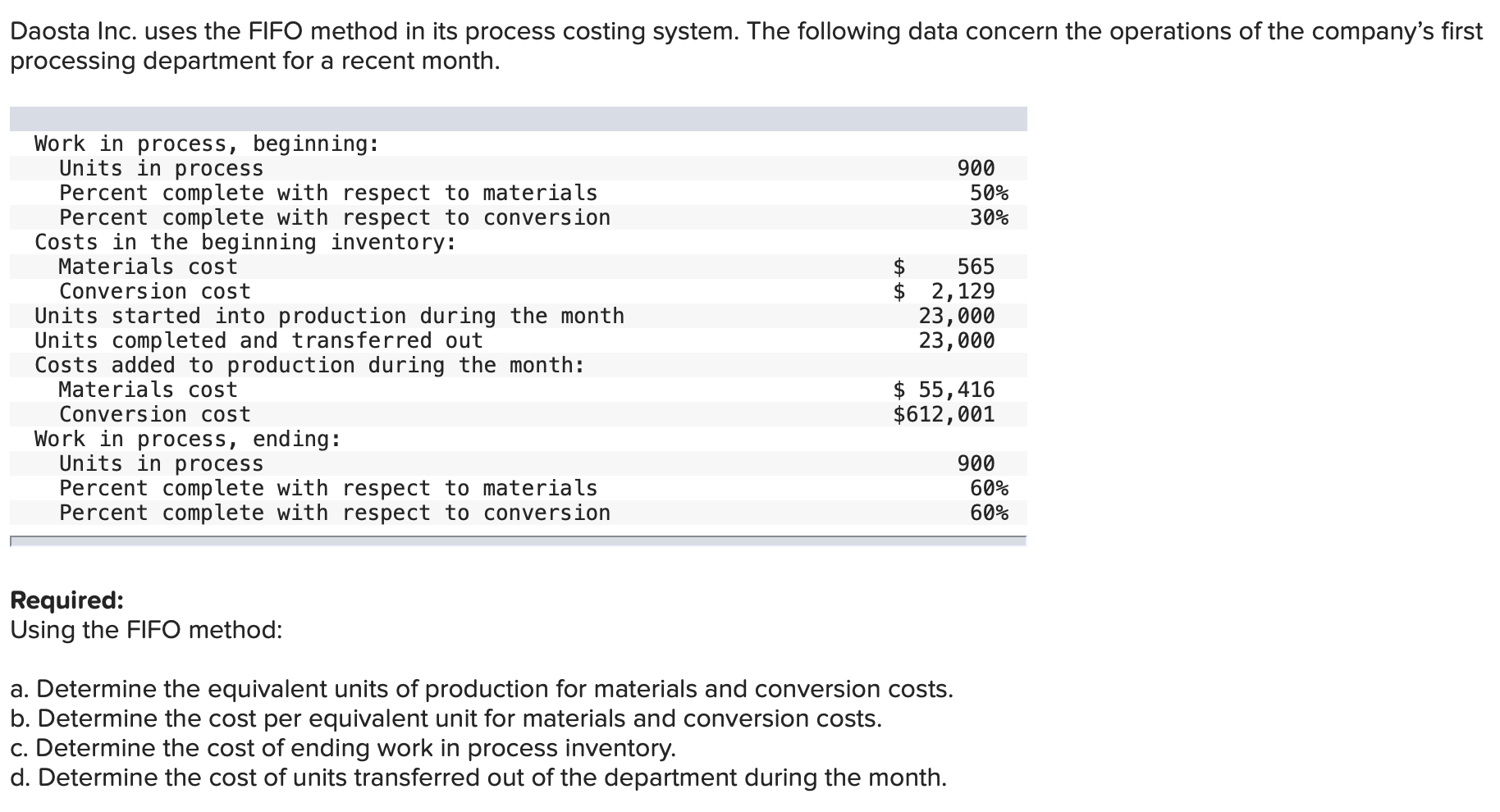 Solved Daosta Inc. uses the FIFO method in its process | Chegg.com