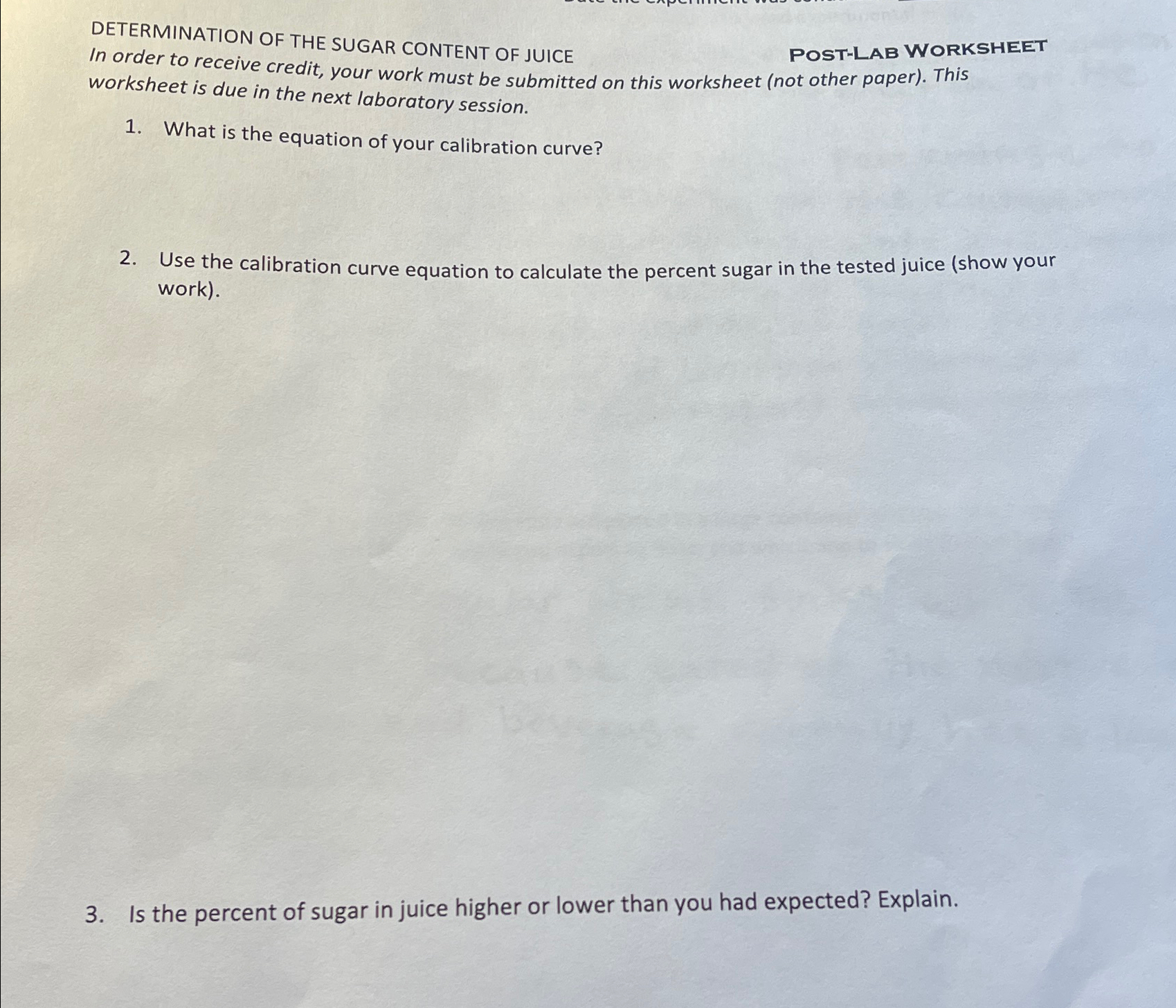 DETERMINATION OF THE SUGAR CONTENT OF JUICEPOST-LAB | Chegg.com
